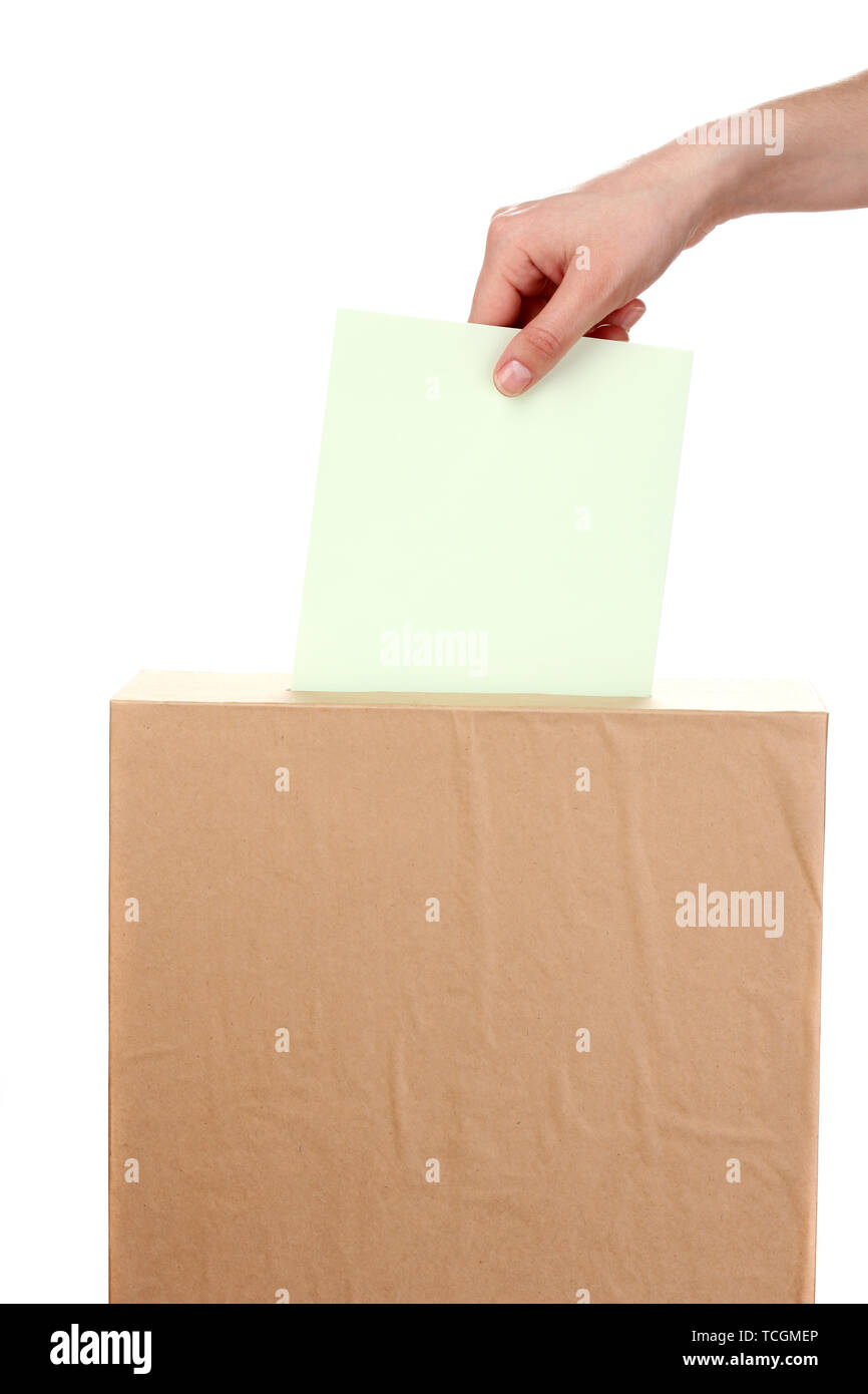 Hand with voting ballot and box isolated on white Stock Photo - Alamy