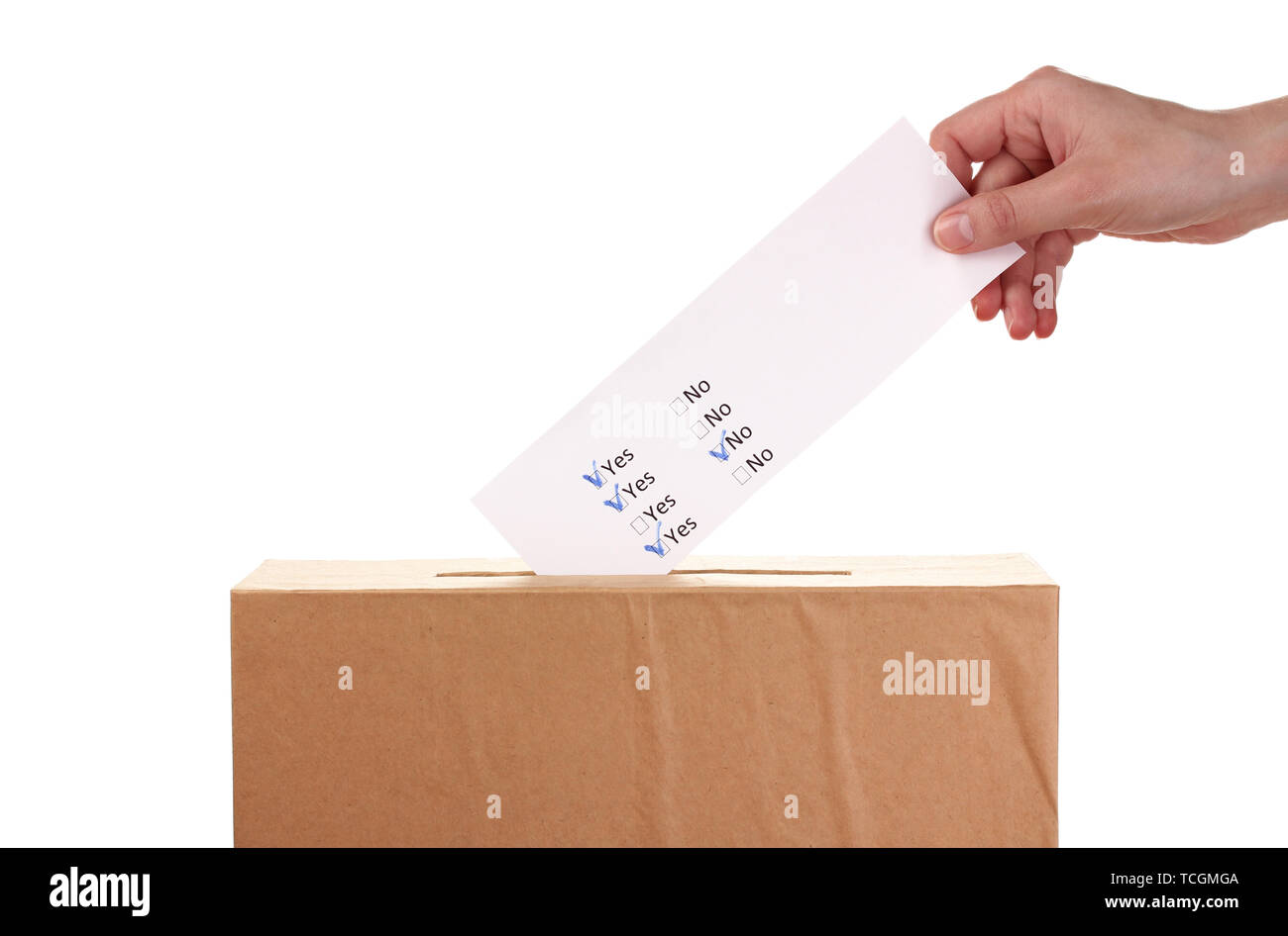 Hand with voting ballot and box isolated on white Stock Photo - Alamy
