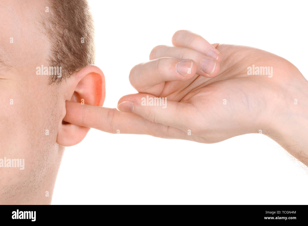 Human ear and hand close-up isolated on white Stock Photo - Alamy