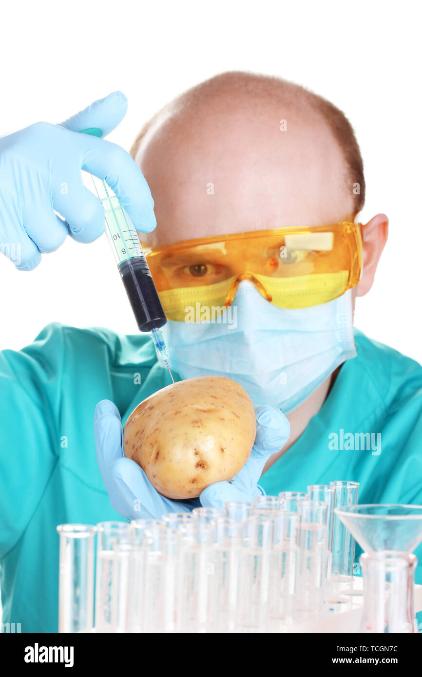 Scientist injecting GMO into the potato Stock Photo - Alamy