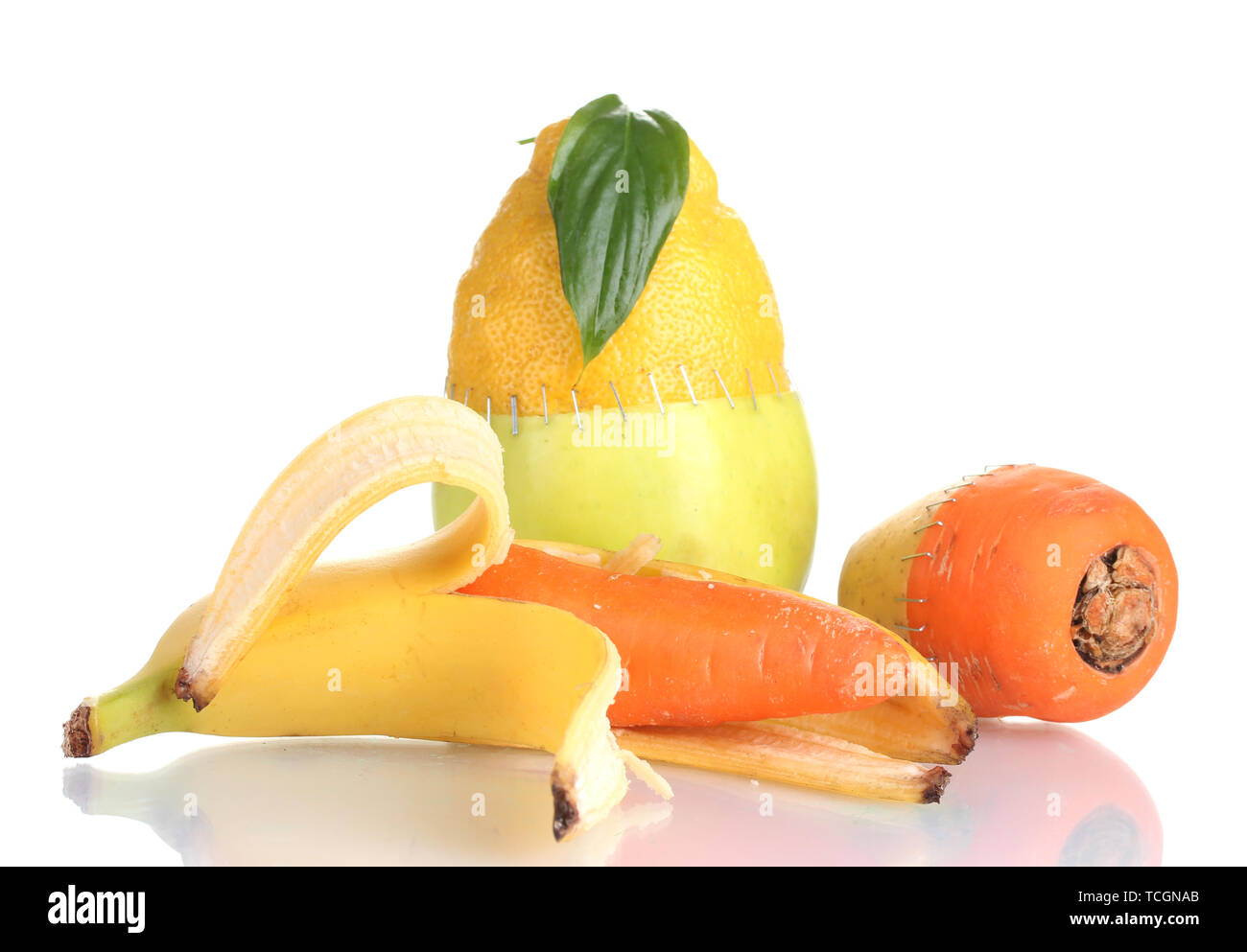 Genetically modified vegetables and fruits isolated on white Stock ...