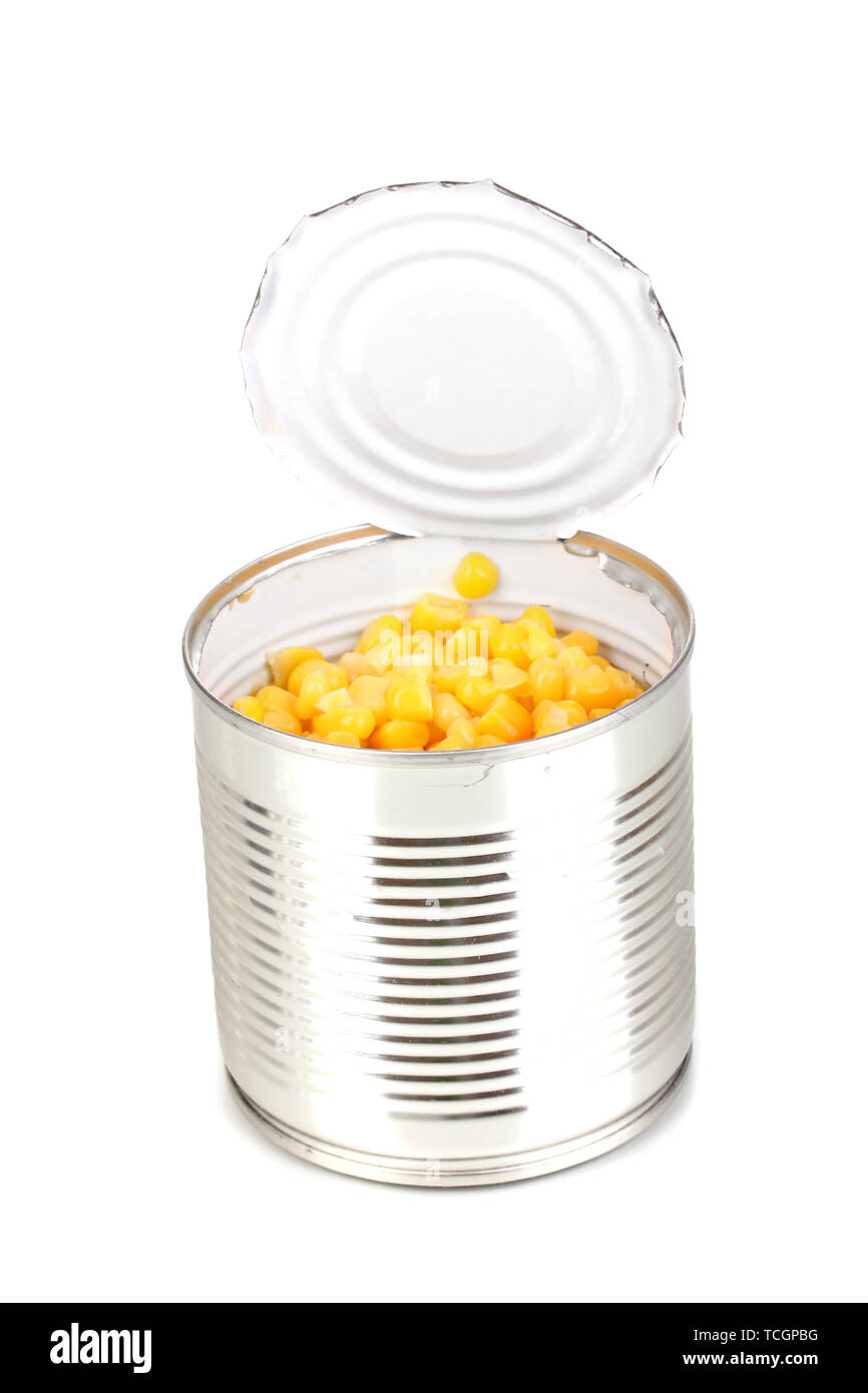 Open tin can of corn isolated on white Stock Photo - Alamy