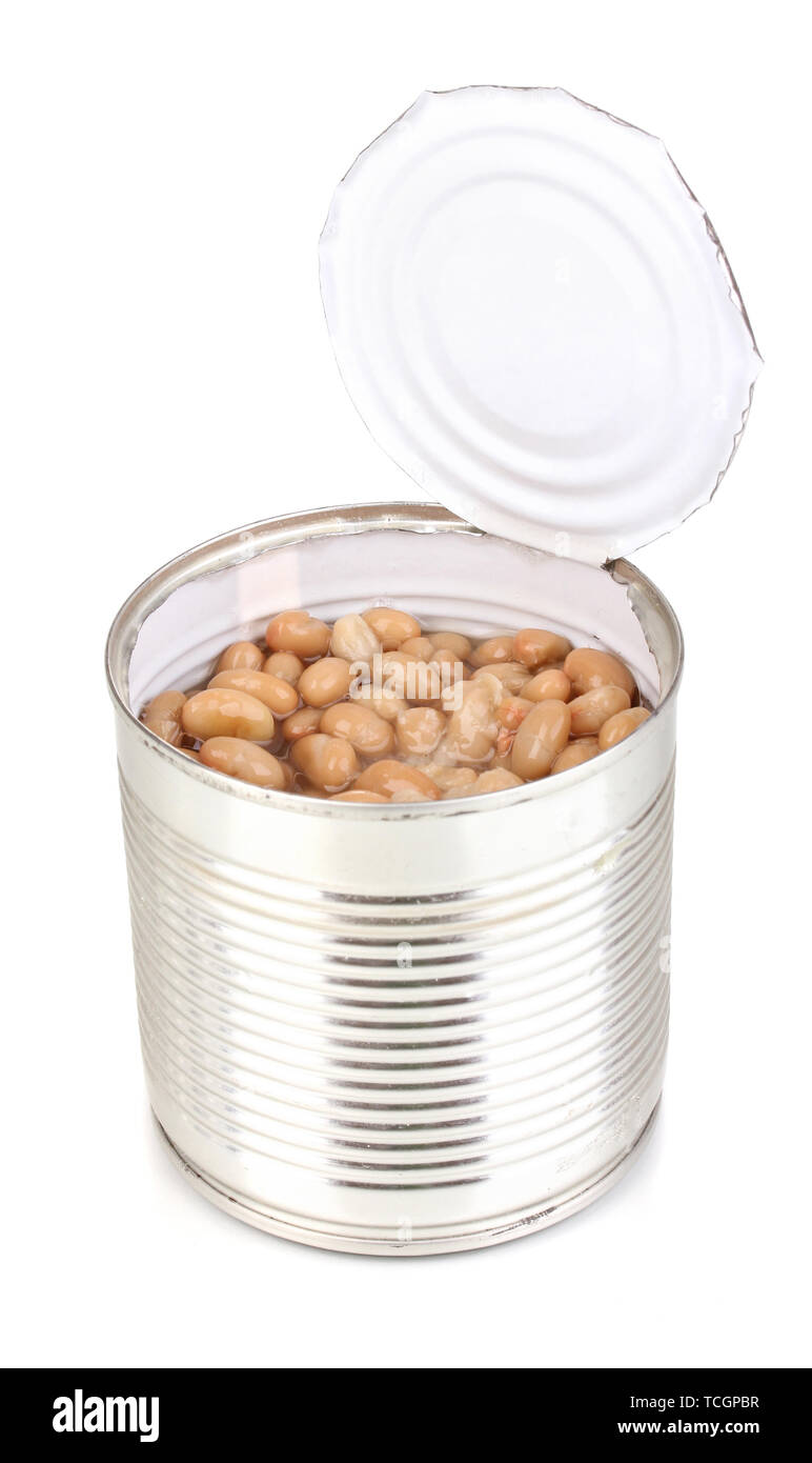 Open tin can of beans isolated on white Stock Photo - Alamy
