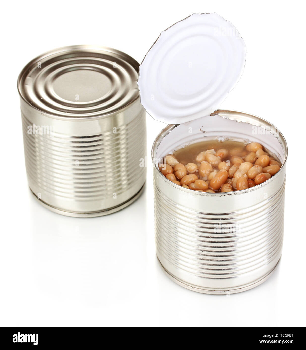 Open tin can of beans and closed can isolated on white Stock Photo - Alamy