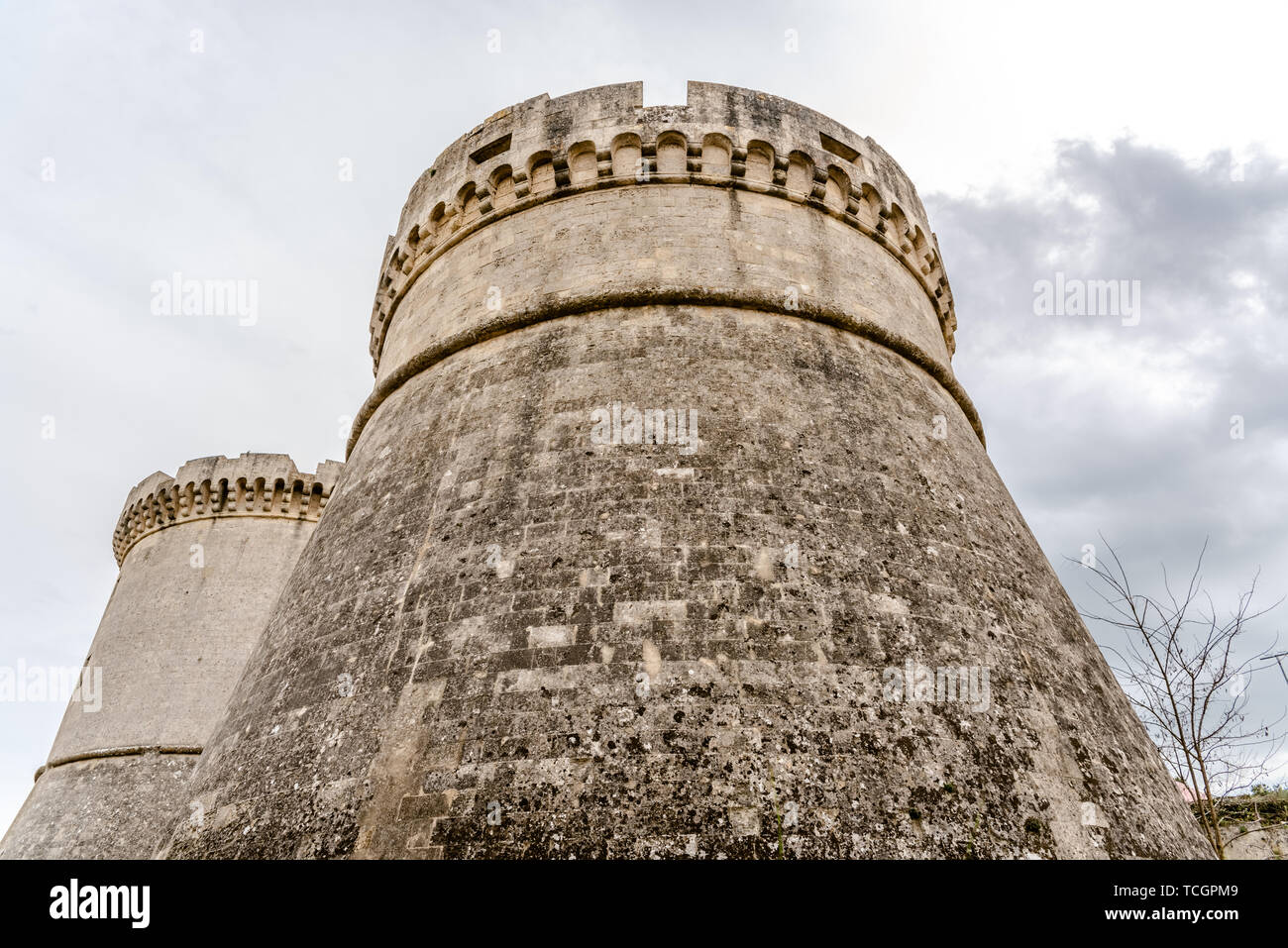 Ruins of the defensive circular tower of the medieval castle of Matera ...