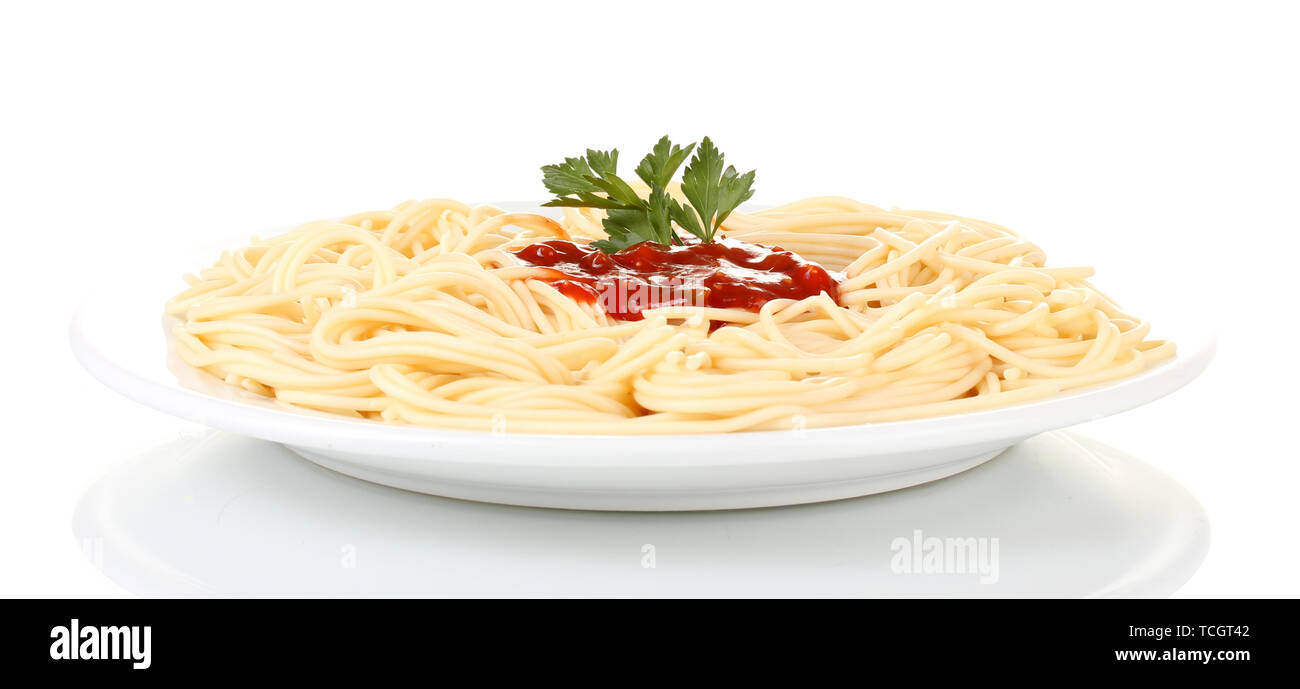Italian spagetti cooked in a white plate isolated on white Stock Photo ...