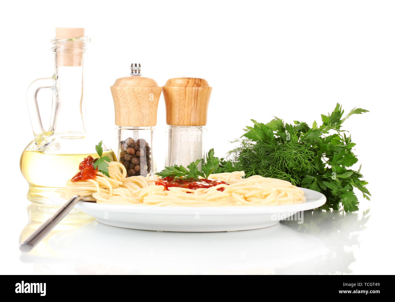 Composition of the delicious spaghetti isolated on white Stock Photo ...