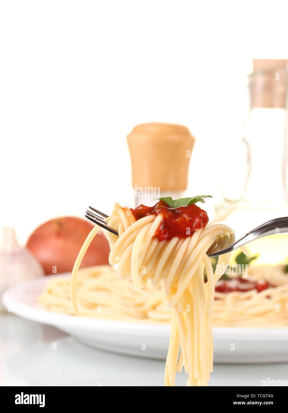 Composition of the delicious spaghetti on white background close-up ...