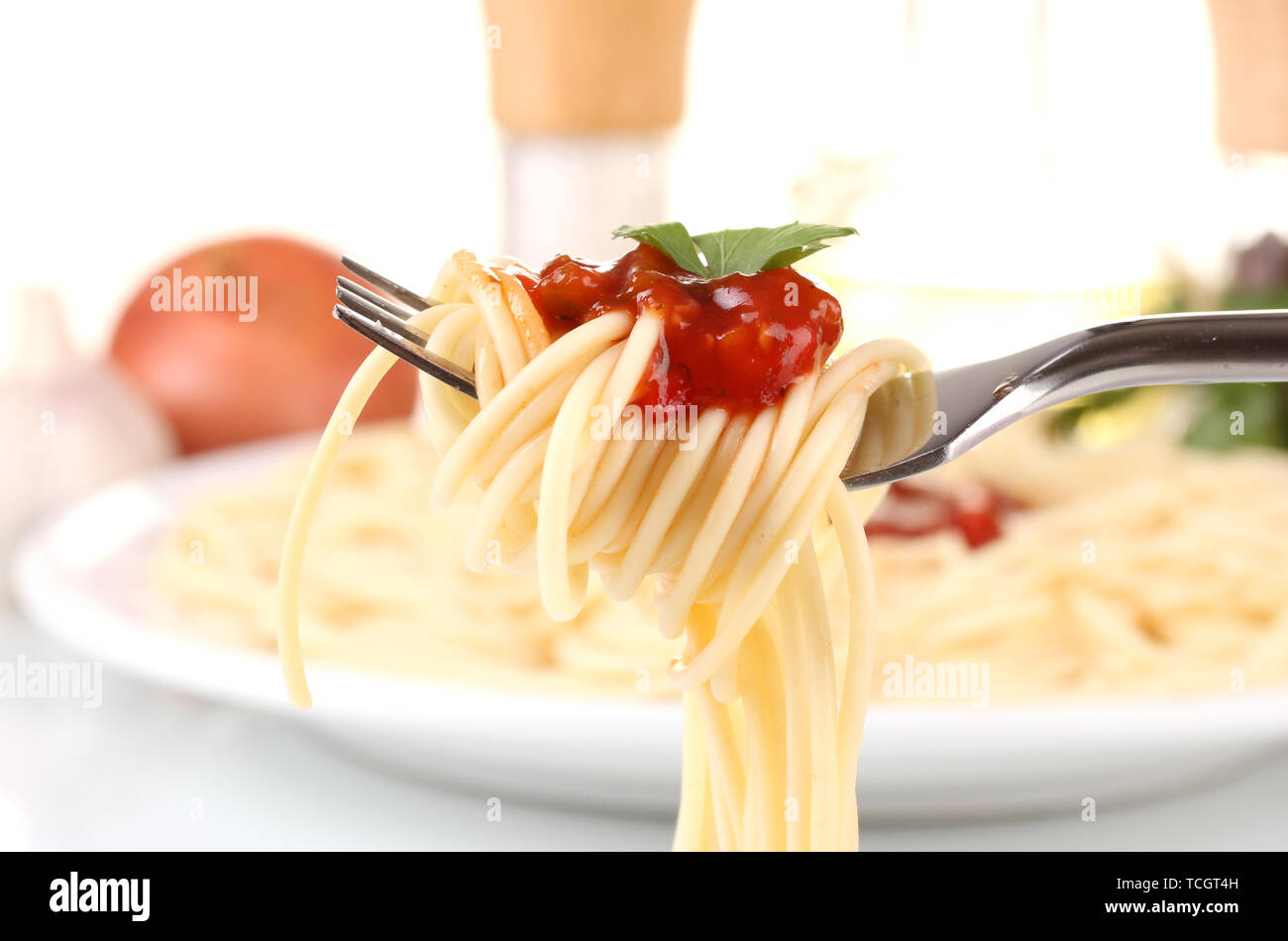 Composition of the delicious spaghetti on white background close-up ...