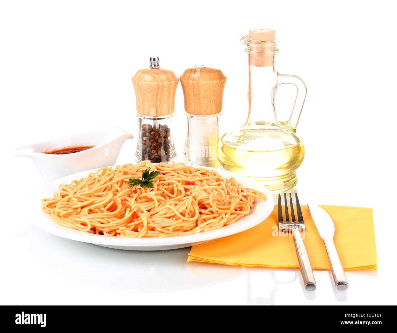 composition of delicious cooked spaghetti with tomato sauce isolated on ...
