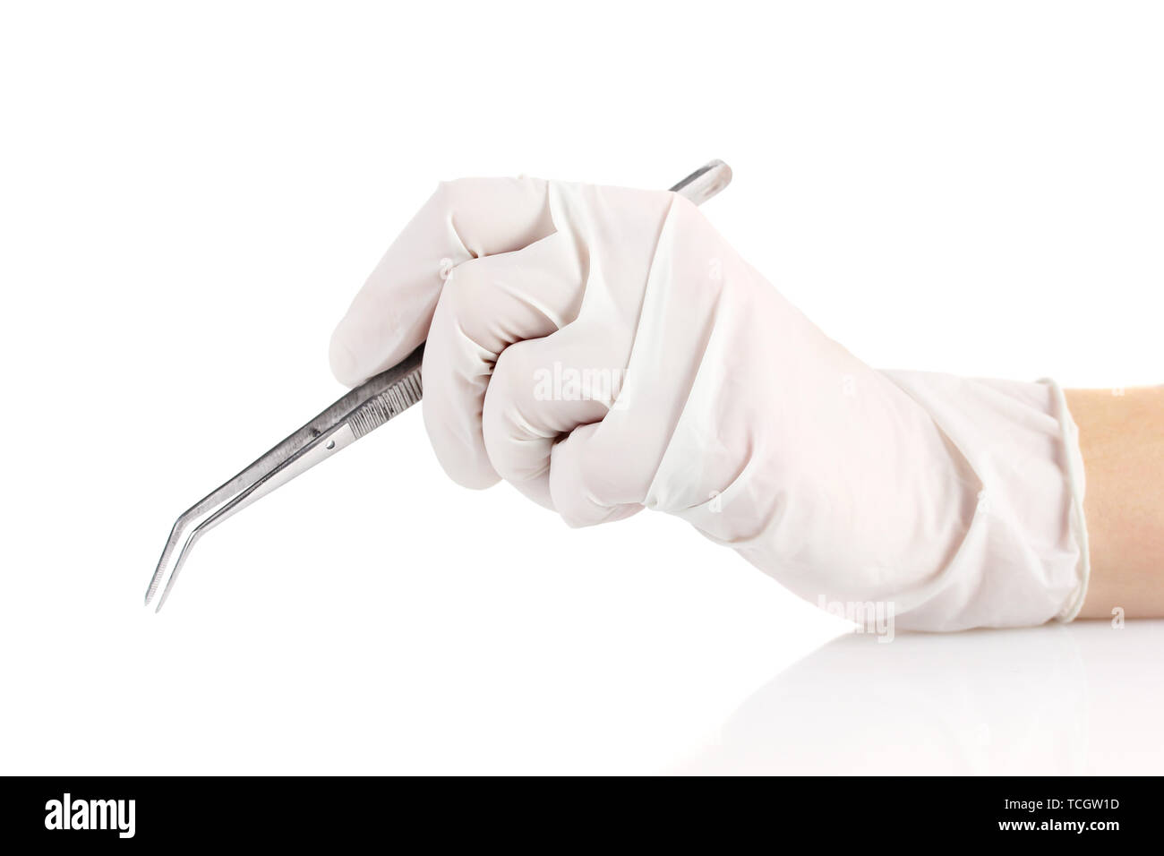 Medical tweezers in hand isolated on white Stock Photo - Alamy