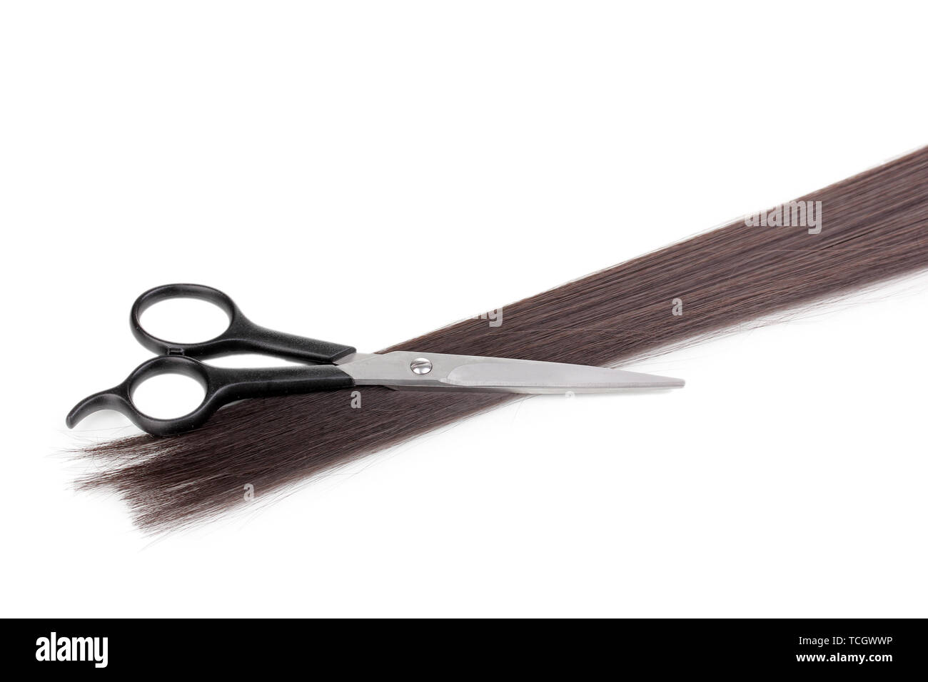 Shiny brown hair and hair cutting shears isolated on white Stock Photo ...