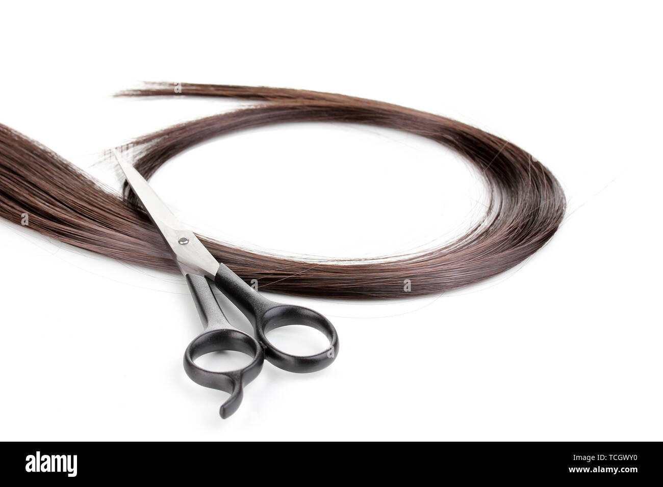 Shiny brown hair and hair cutting shears isolated on white Stock Photo ...