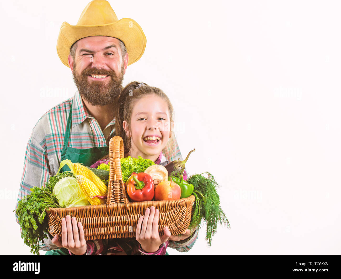 My father is farmer. Man bearded rustic farmer with kid. Farmer family ...