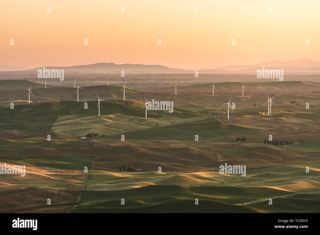 Daytime image of wind turbines in the rolling hills of the Palouse ...