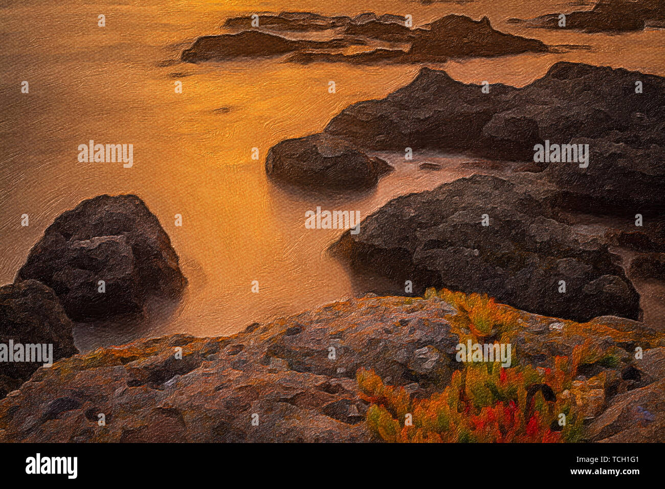 orange sunset over ocean waves with exposed jagged rock formations ...