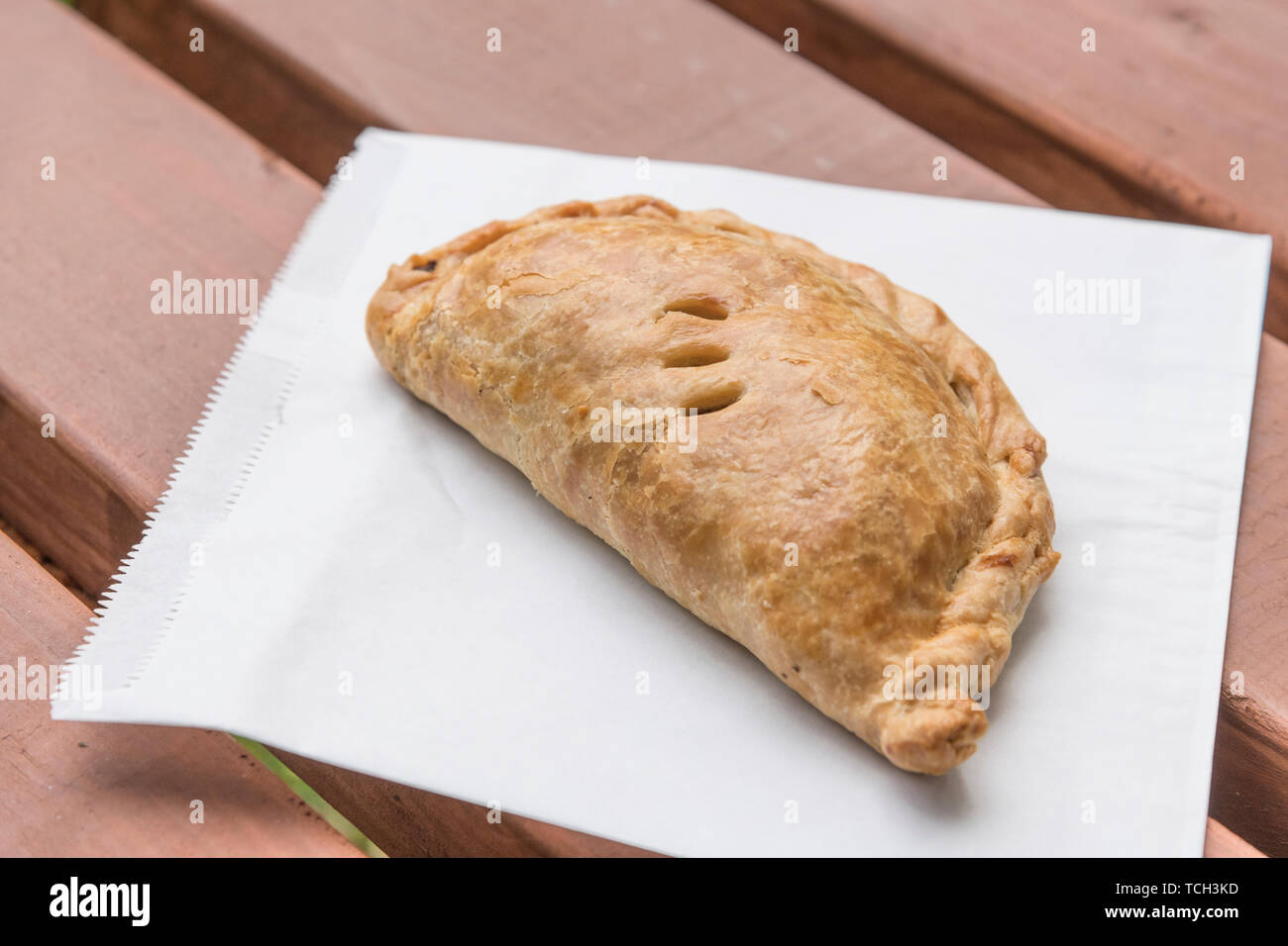 Cornish pasty sitting on white sulphite paper food bag - ultimate ...