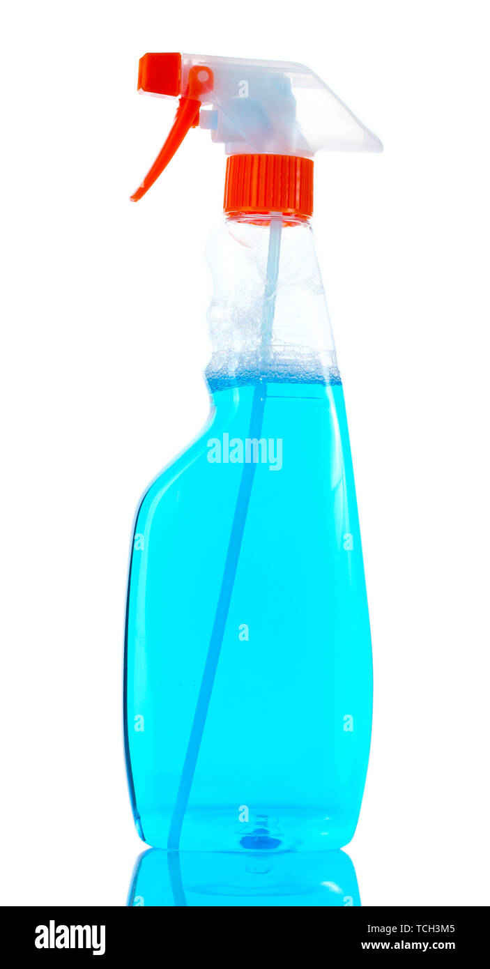 spray bottle with blue liquid isolated on white Stock Photo - Alamy