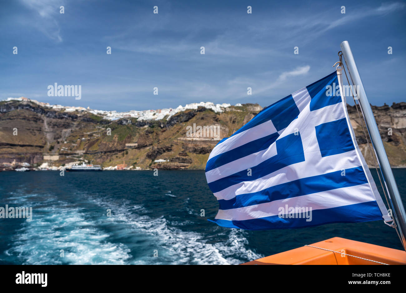 Fira port on volcanic caldera island of Santorini Stock Photo - Alamy