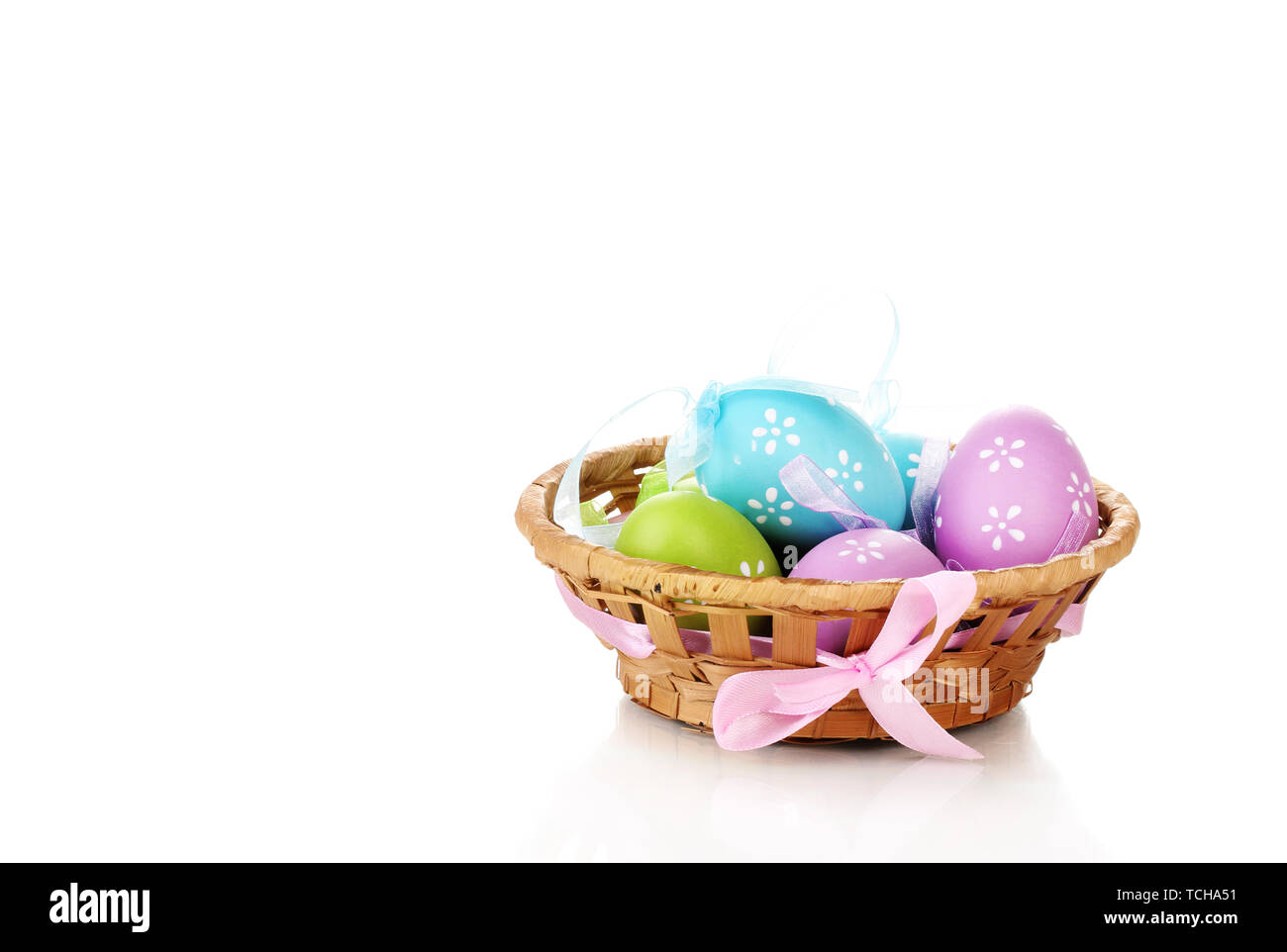 Colorful easter eggs in basket isolated on white Stock Photo - Alamy