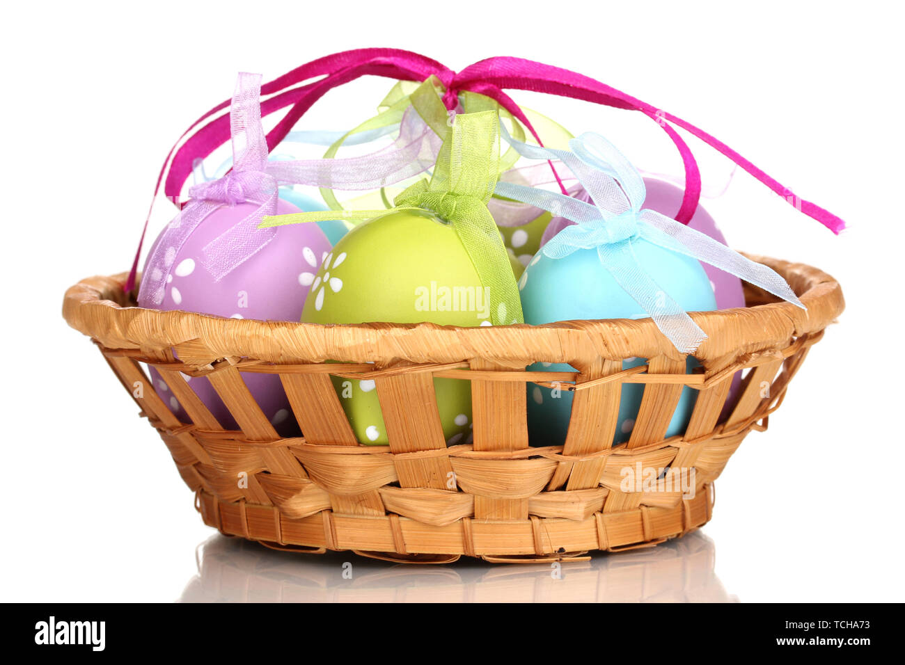 Colorful easter eggs in basket isolated on white Stock Photo - Alamy