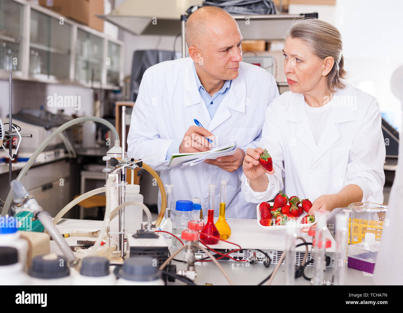 Two professional genetic scientists working in laboratory, taking notes ...