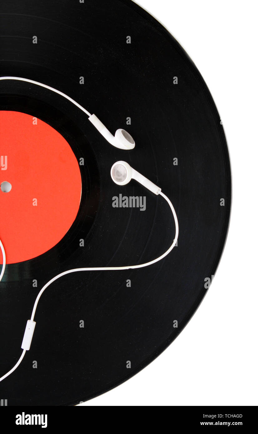 Black vinyl record and headphones close-up isolated on white Stock ...