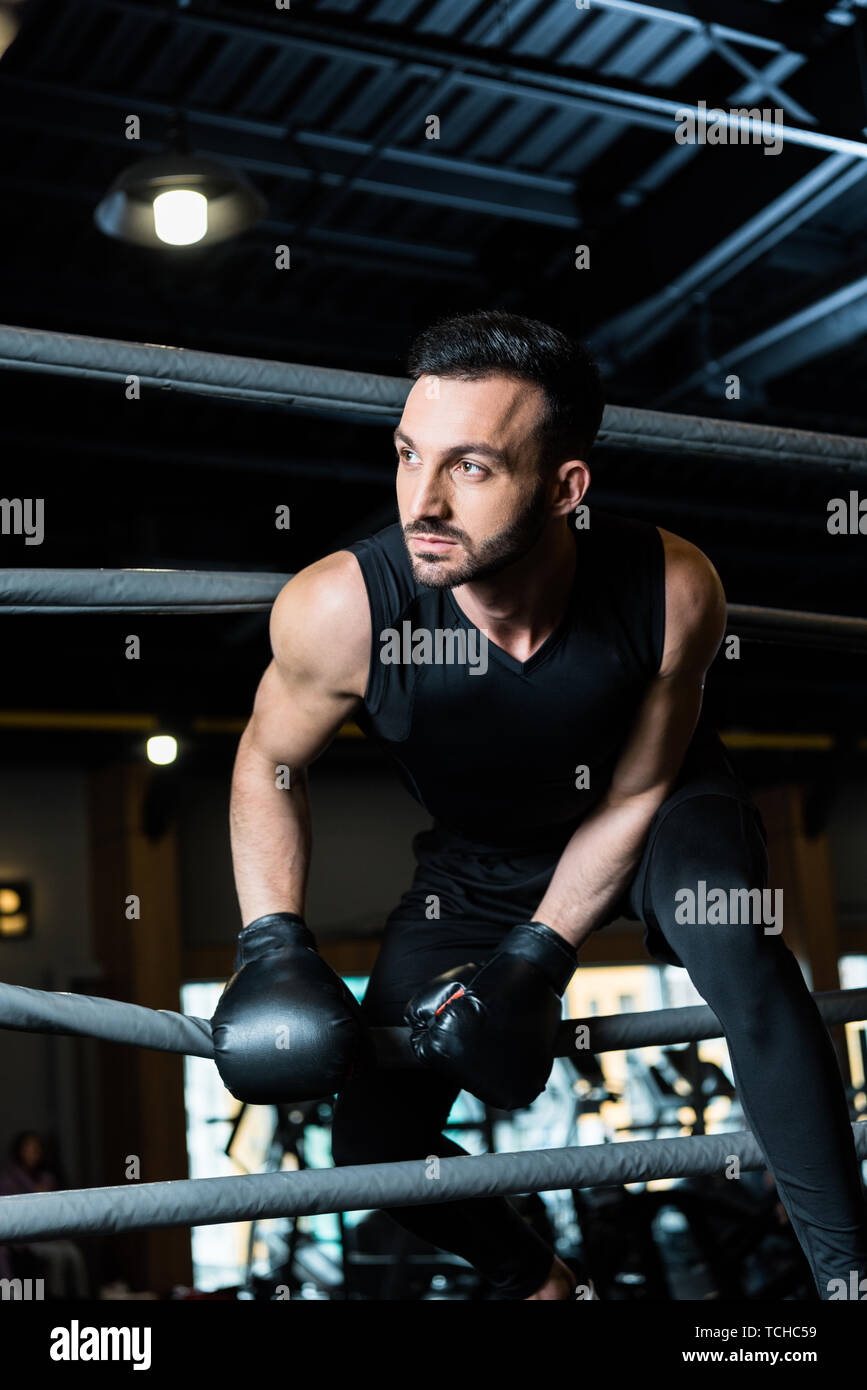 handsome athletic man in boxing gloves standing near ropes in boxing ...