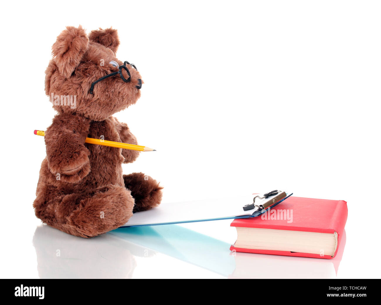 Bear toy writing something isolated on white Stock Photo - Alamy