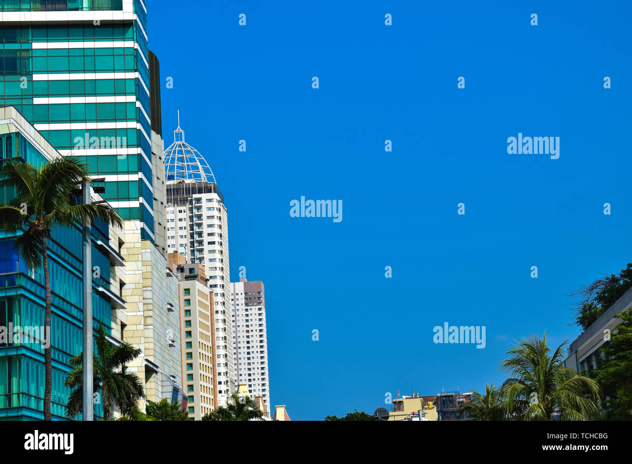 modern glass and steel office buildings low angle view at Jakarta ...