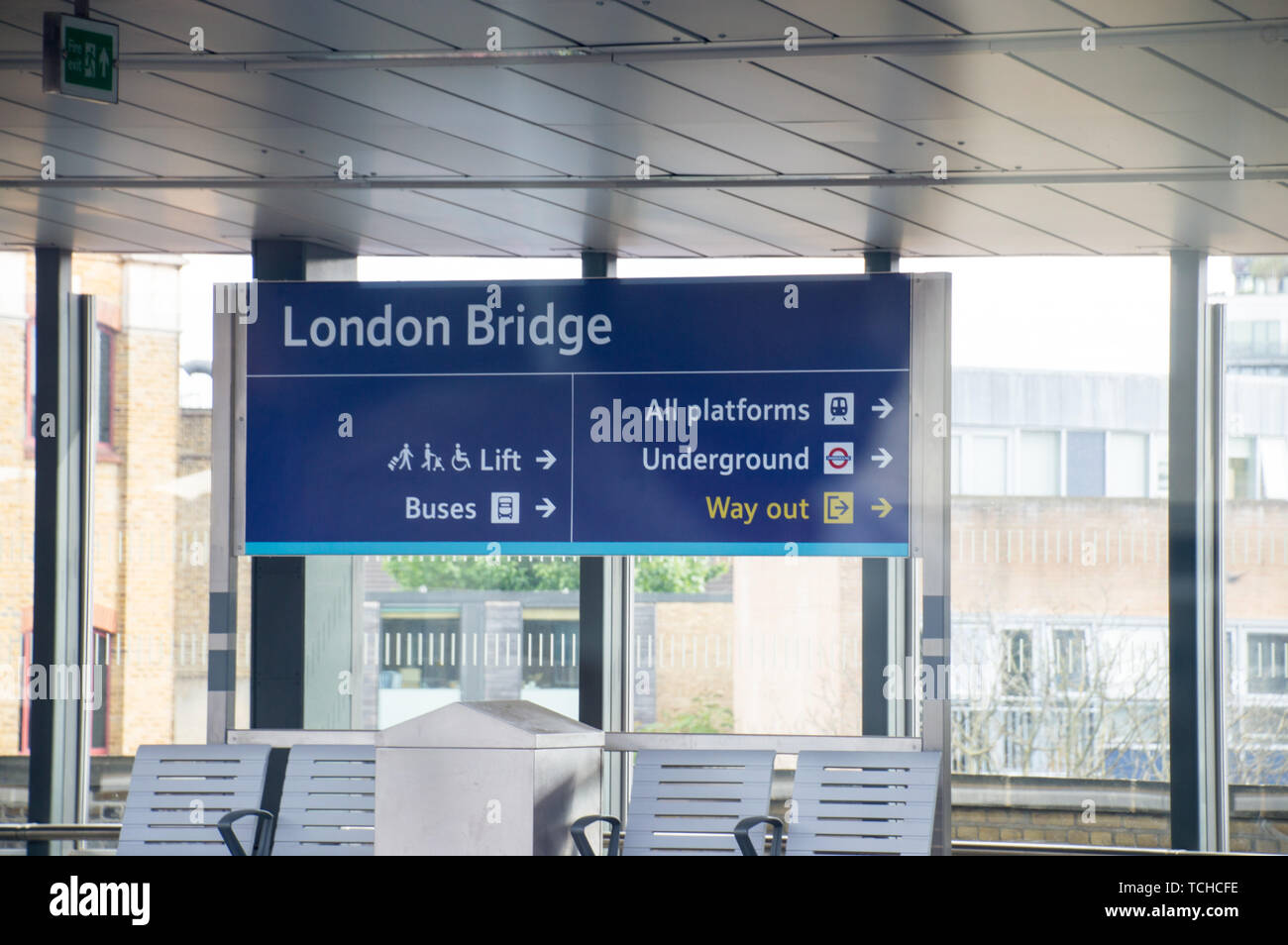 London Bridge national rail station platform with information signs on ...
