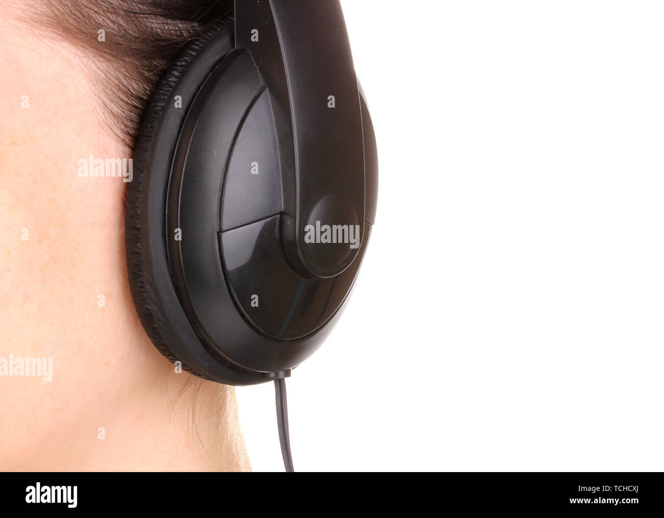 Human ear with earphone close-up isolated on white Stock Photo - Alamy