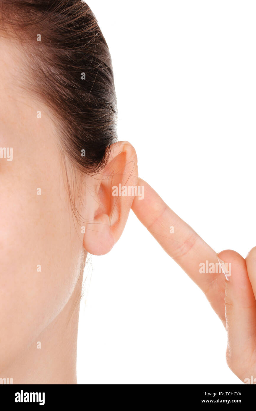 Human ear and hand close-up isolated on white Stock Photo - Alamy