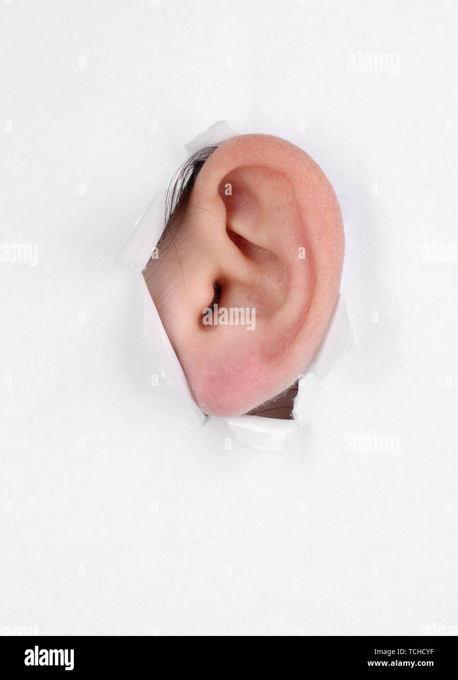 Human ear peeping out from white paper Stock Photo - Alamy