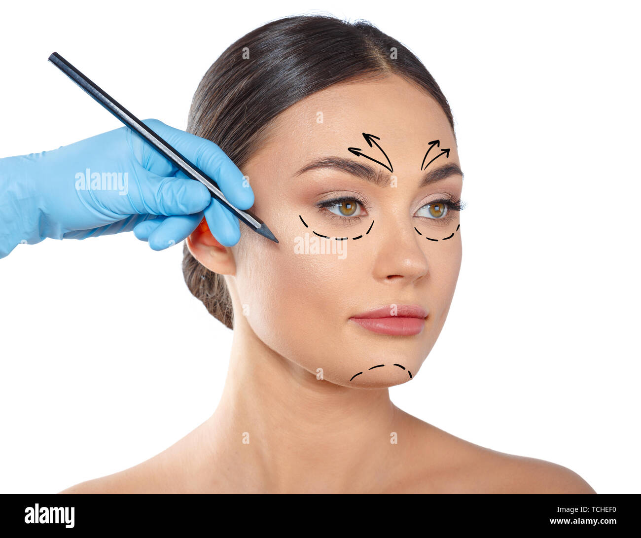 woman with dotted lines on face, cosmetology Stock Photo - Alamy