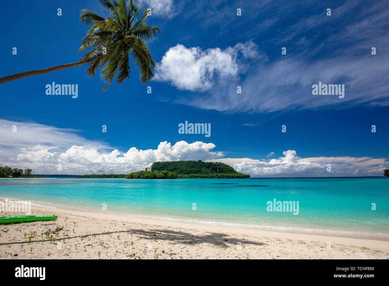 Amazing Port Orly sandy beach with palm trees, Espiritu Santo Island ...