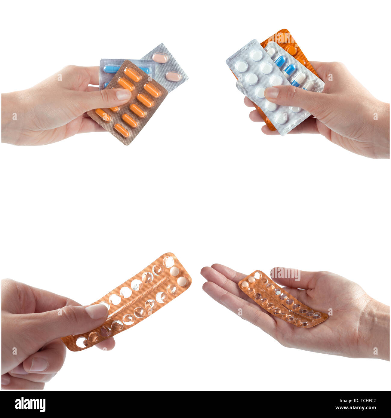 collage. pills in hands Stock Photo - Alamy