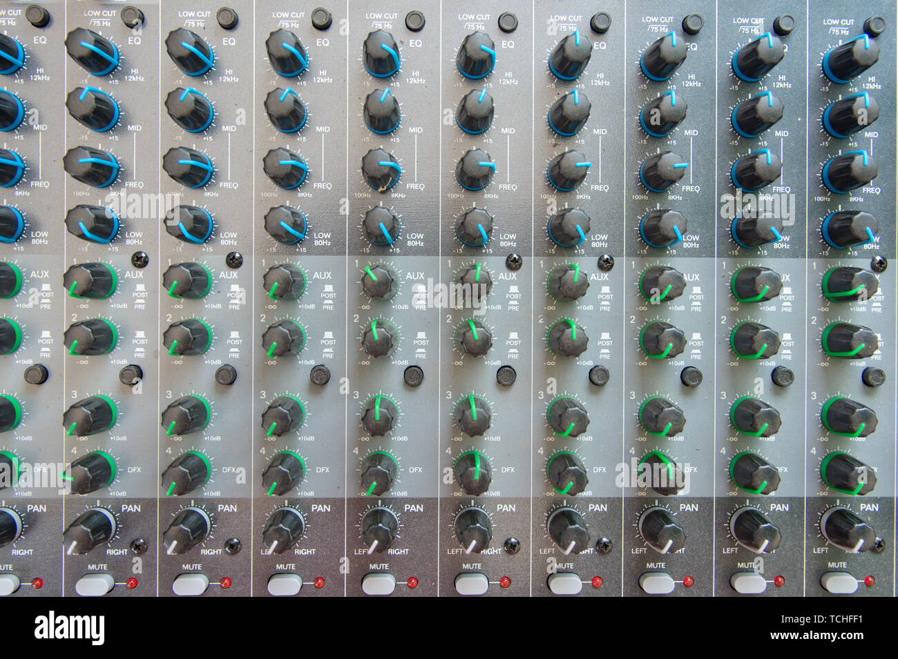 Audio sound mixer control panel top view. Sound console buttons for ...