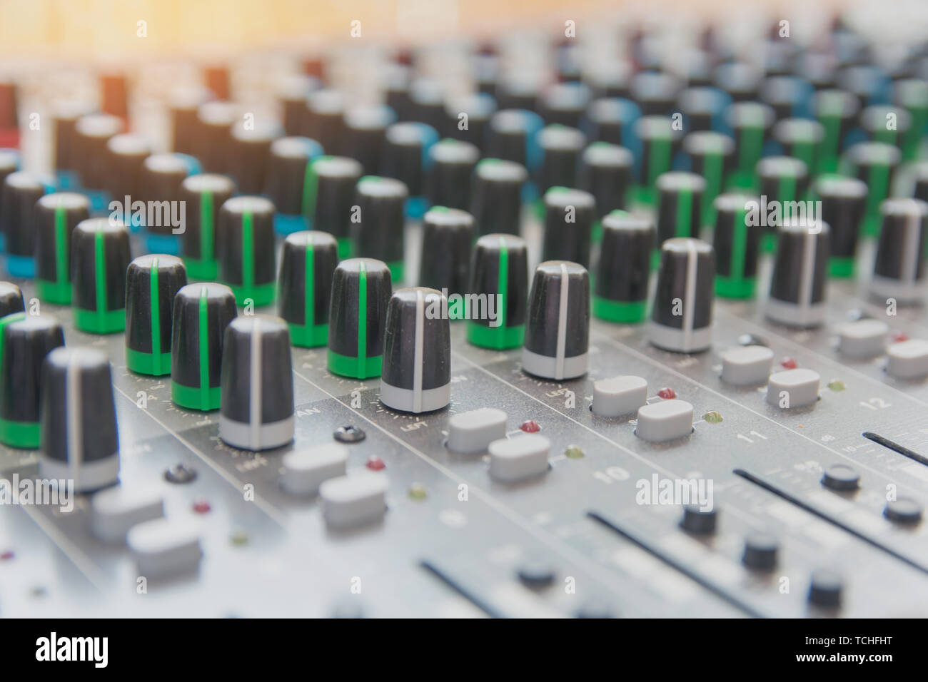 Audio sound mixer control panel. Sound console buttons for adjust the ...