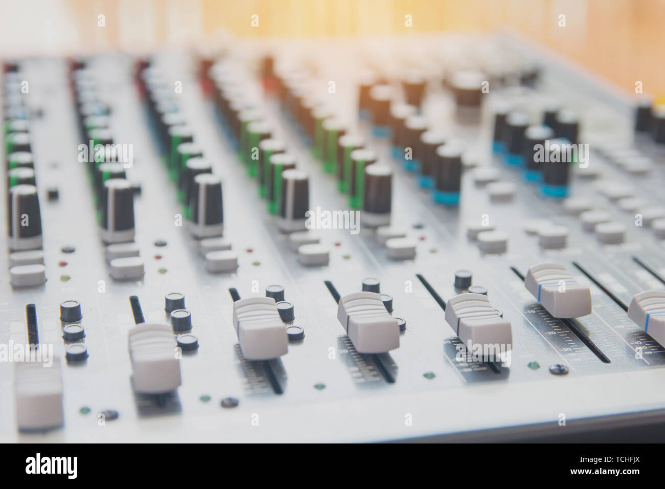 Audio sound mixer control panel. Sound console buttons for adjust the ...