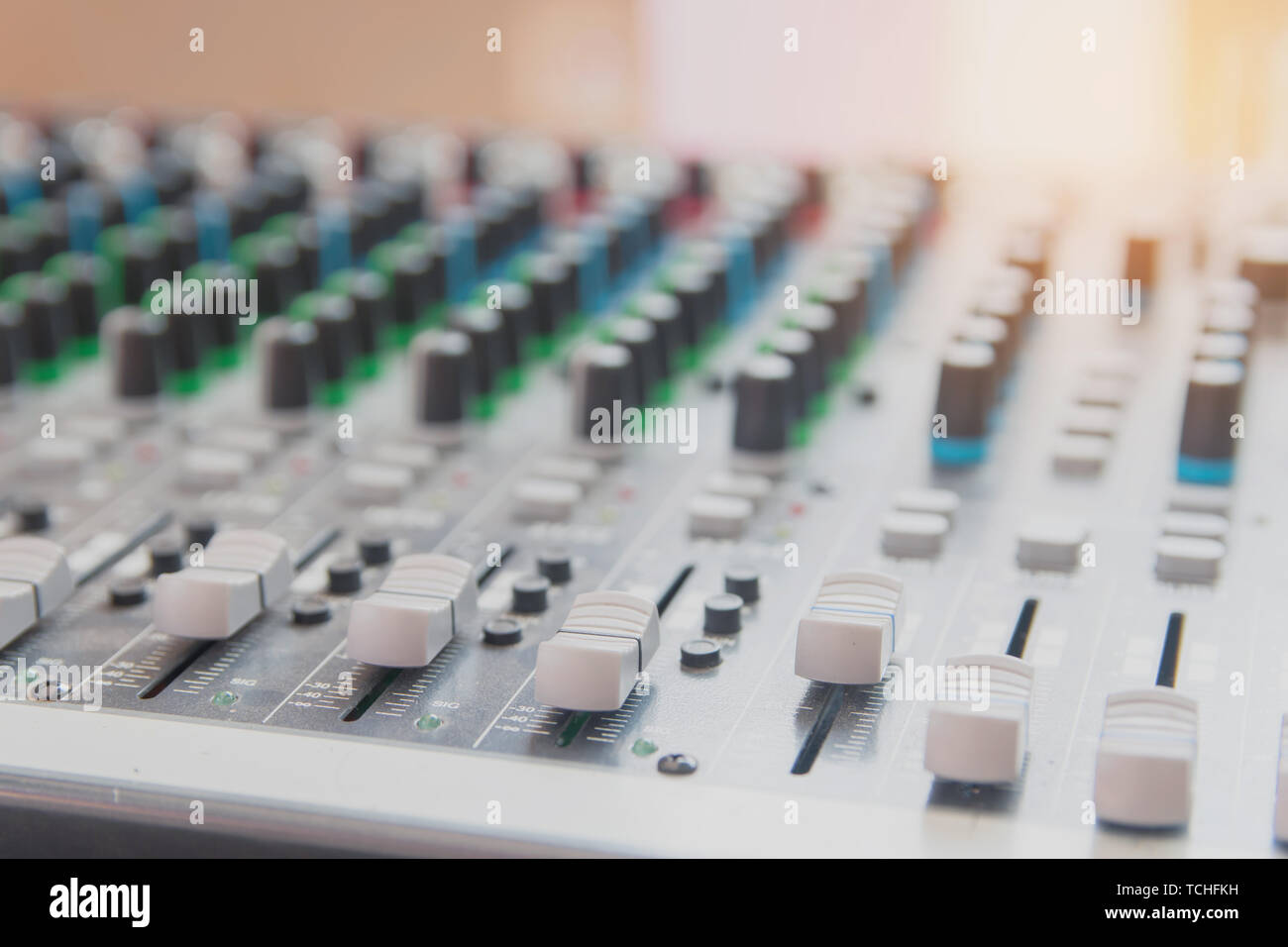 Audio sound mixer control panel. Sound console buttons for adjust the ...