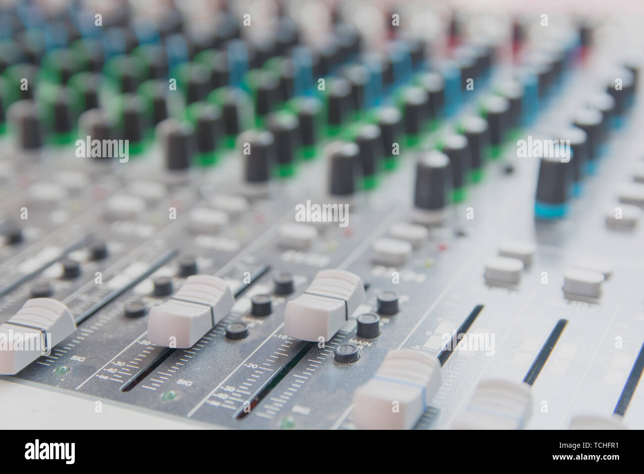 Audio sound mixer control panel. Sound console buttons for adjust the ...