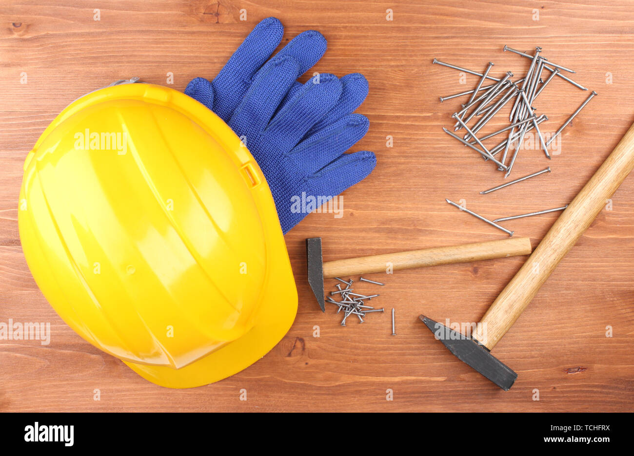 Set of tools and instruments on wooden background Stock Photo - Alamy