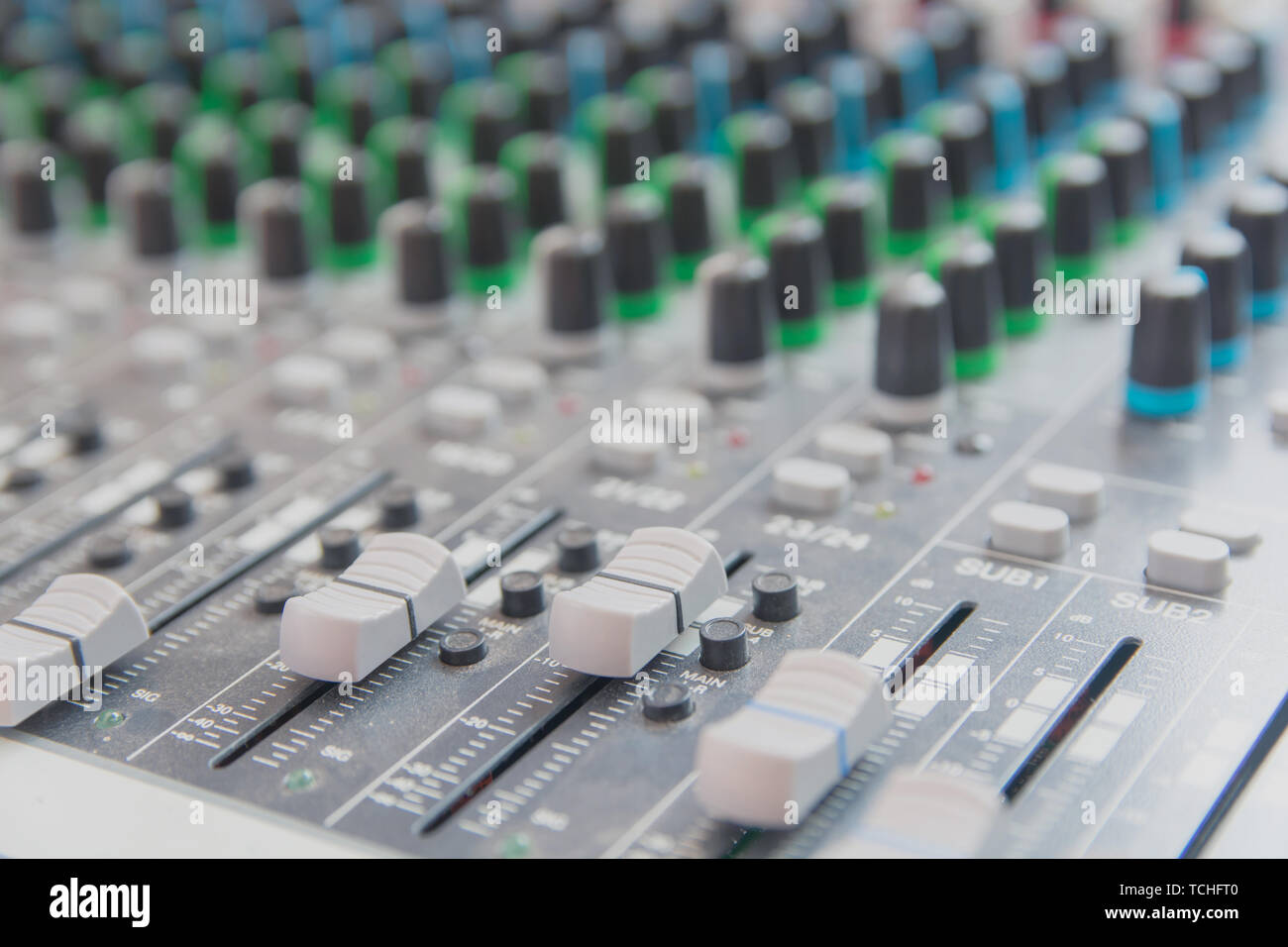Audio sound mixer control panel. Sound console buttons for adjust the ...
