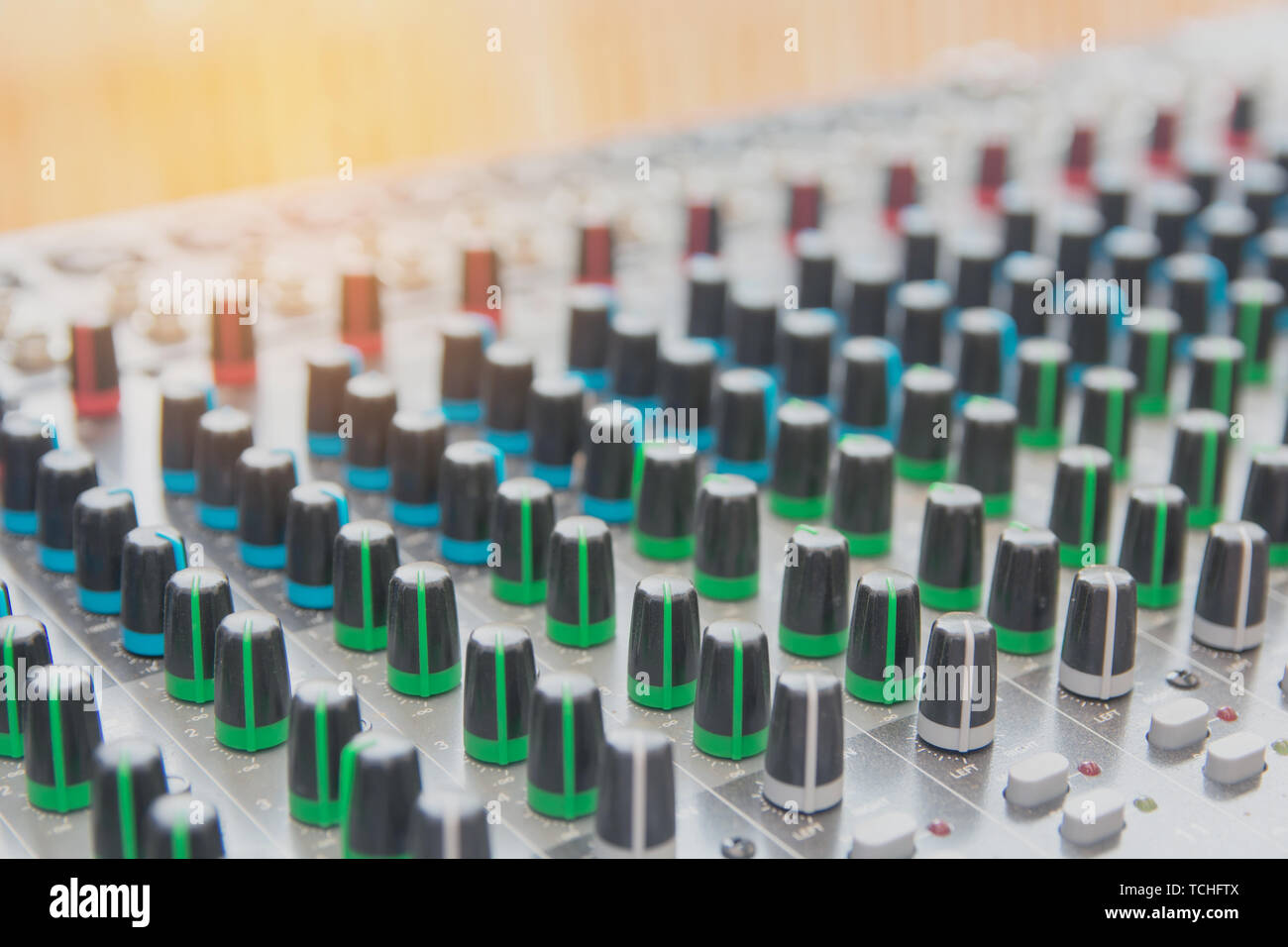 Audio sound mixer control panel. Sound console buttons for adjust the ...