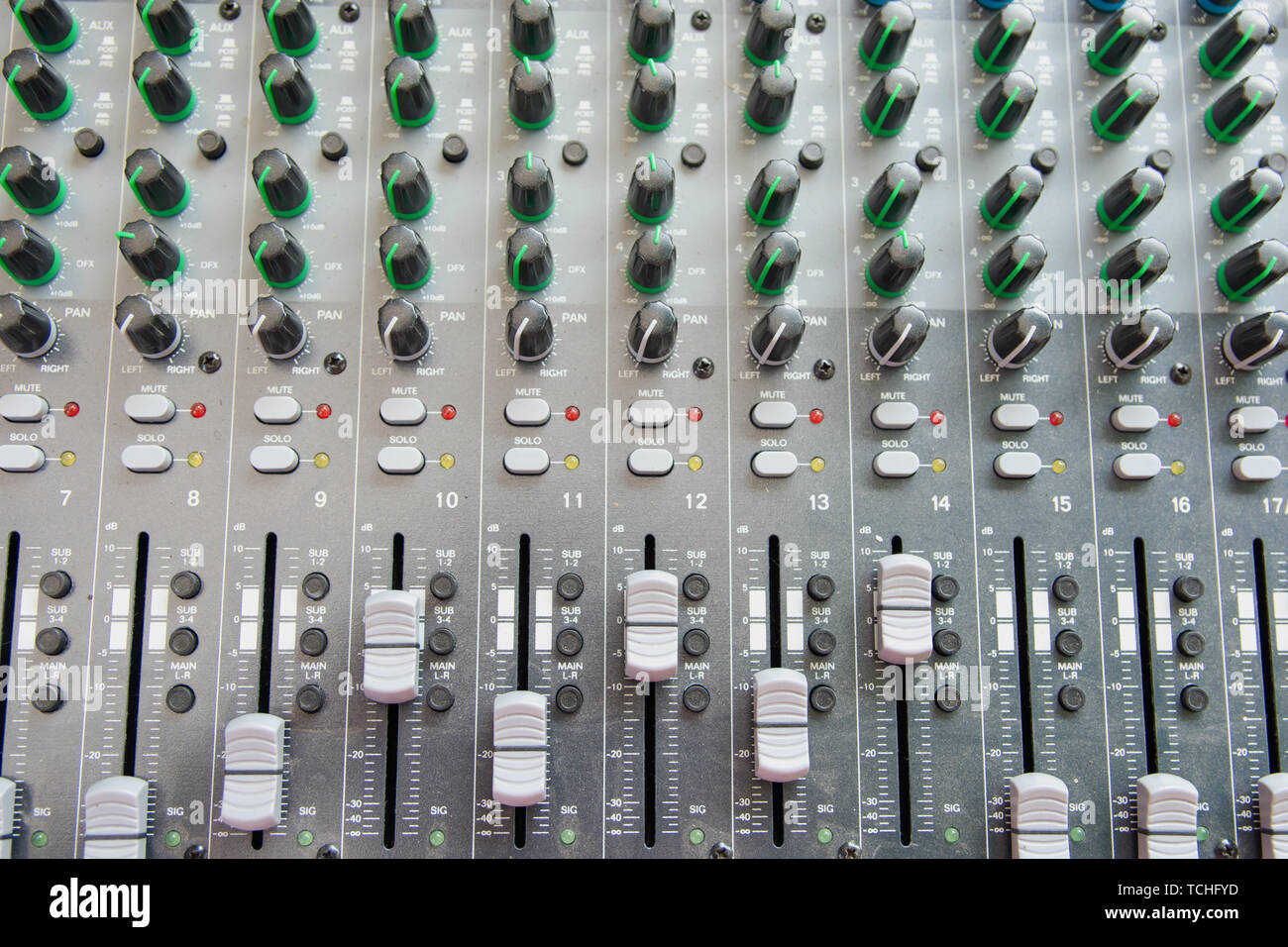 Audio sound mixer control panel top view. Sound console buttons for ...