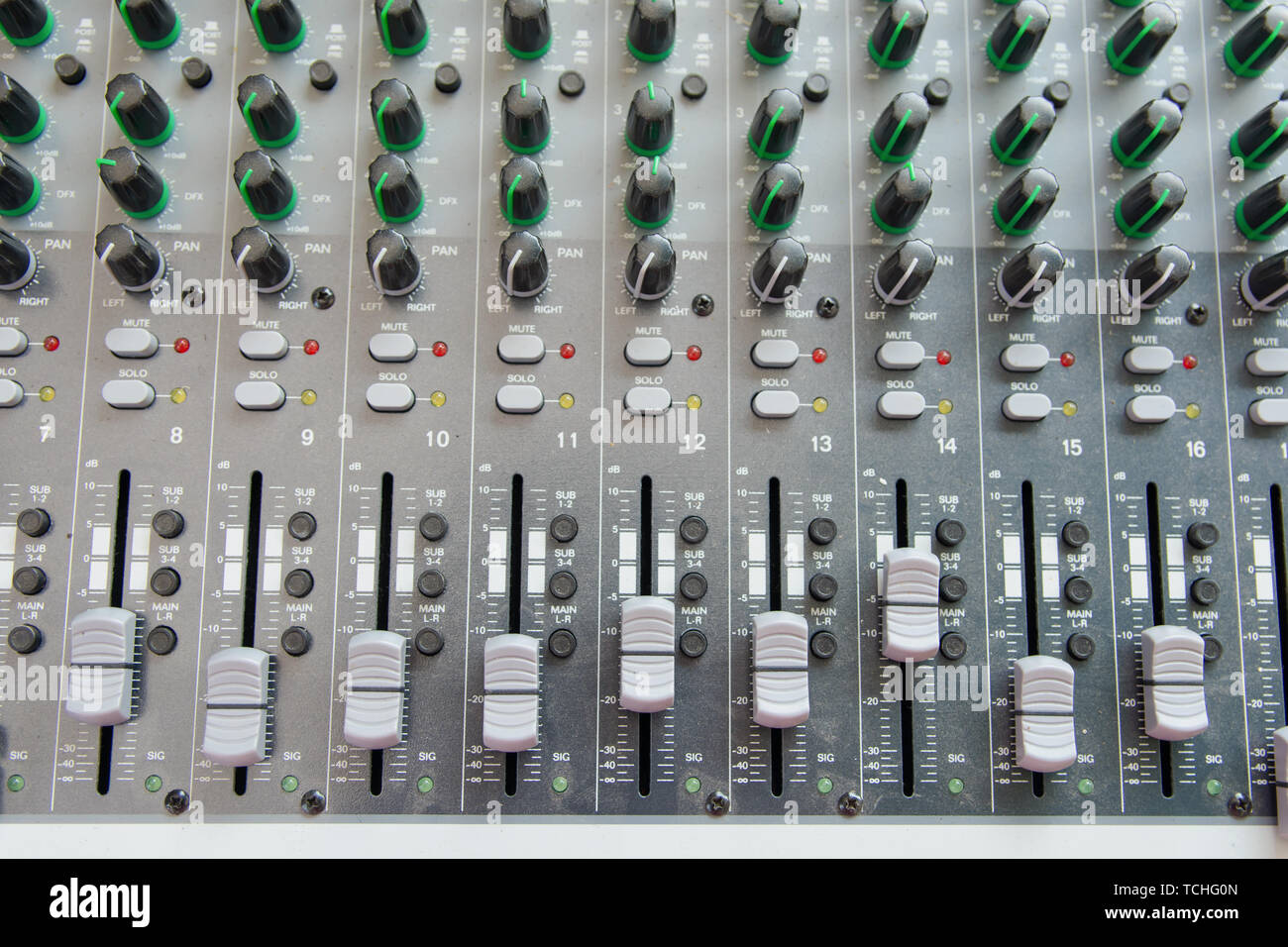 Audio sound mixer control panel top view. Sound console buttons for ...