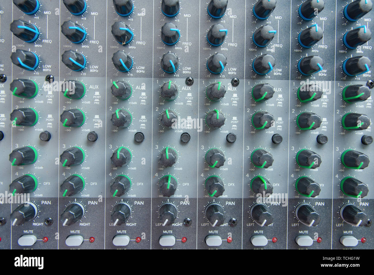 Audio sound mixer control panel top view. Sound console buttons for ...