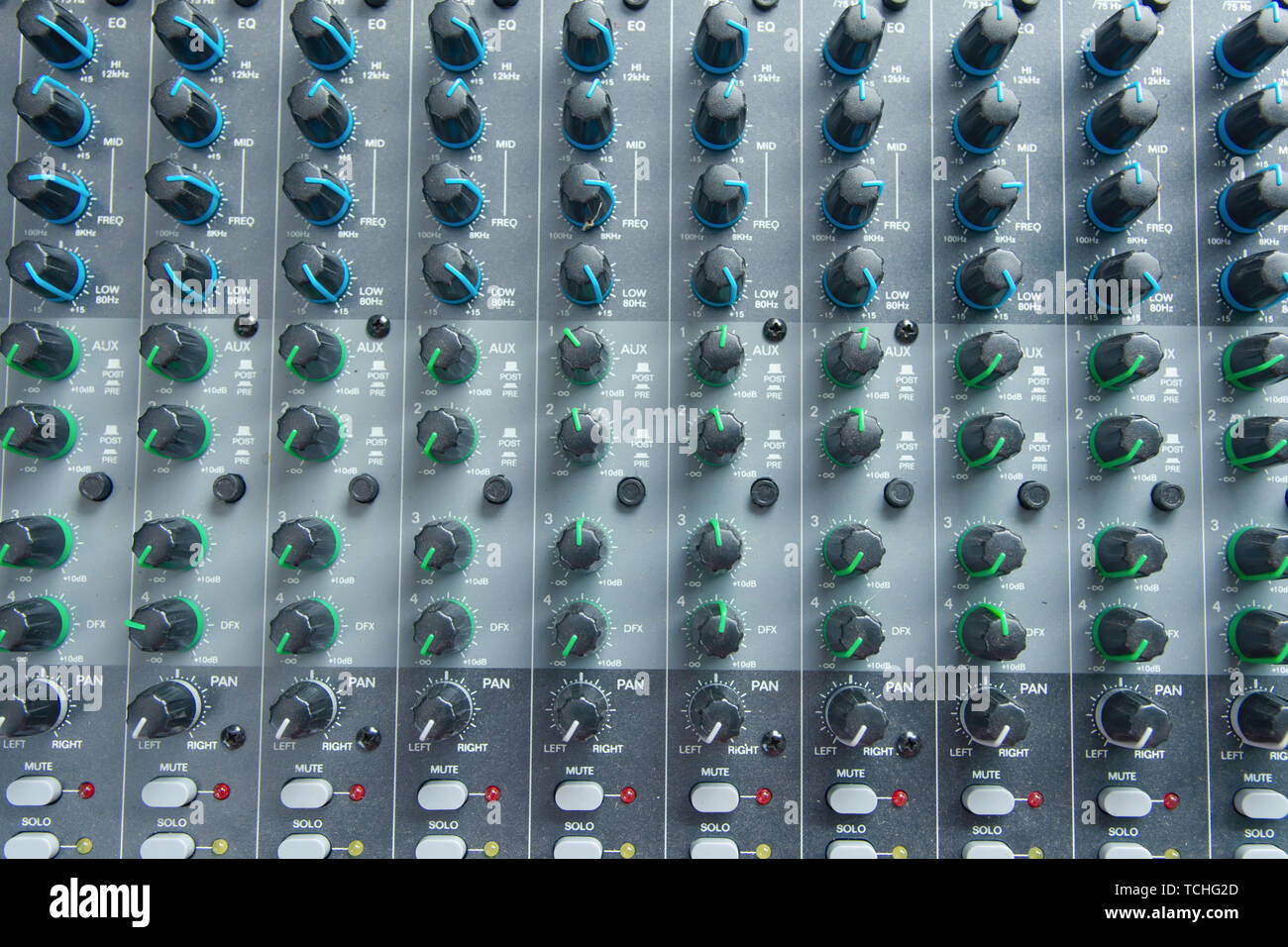 Audio sound mixer control panel top view. Sound console buttons for ...