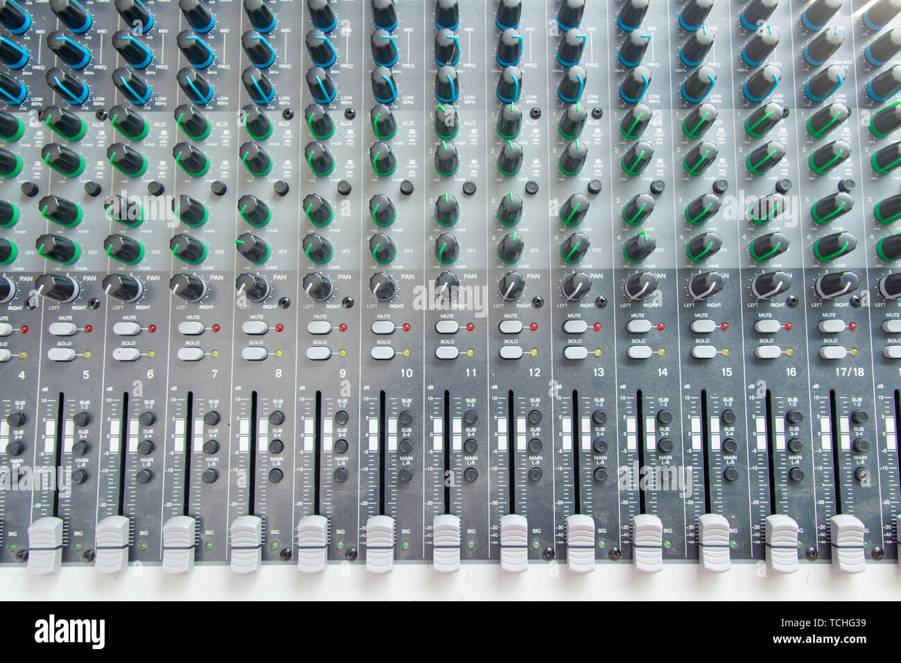 Audio sound mixer control panel top view. Sound console buttons for ...